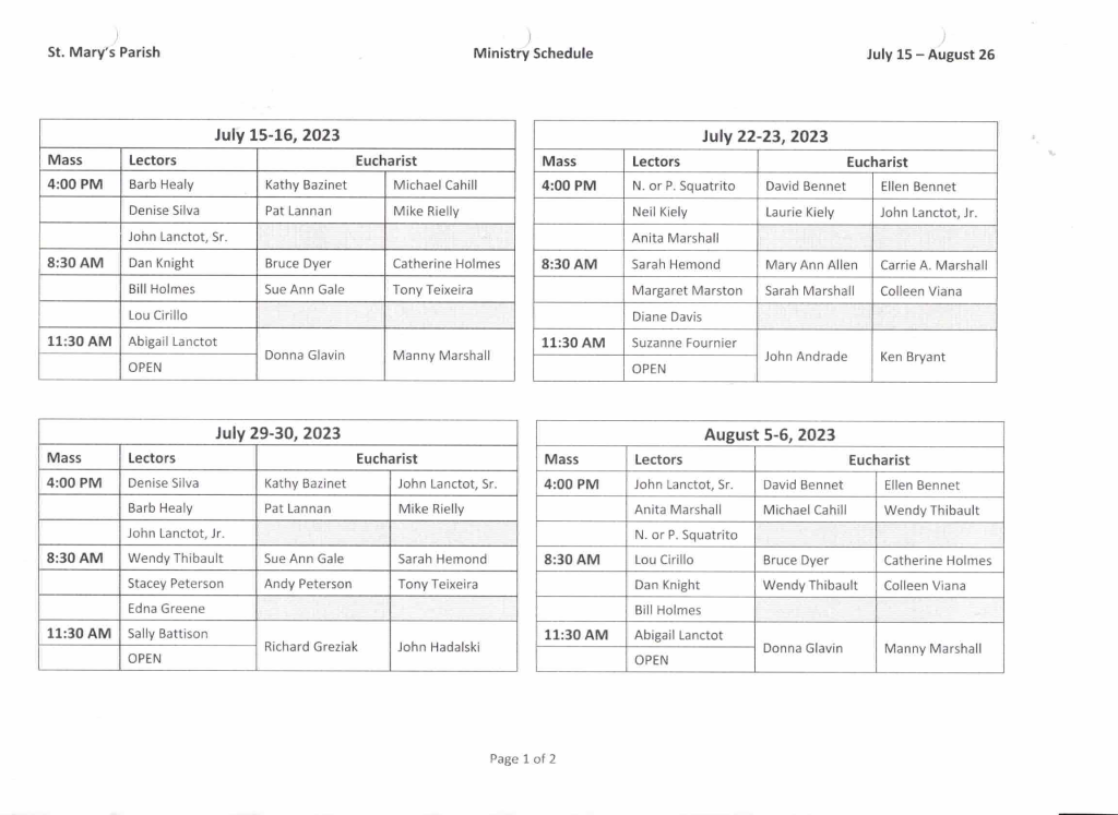 Minister Schedules | St. Mary's Church