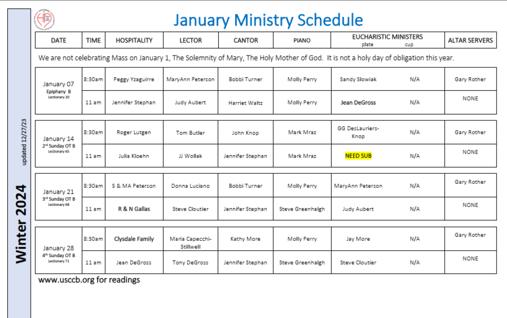 Liturgical Ministry Schedule | Church of the Holy Name