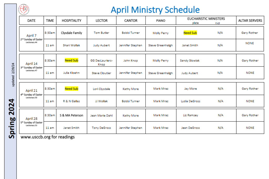 Liturgical Ministry Schedule | Church of the Holy Name