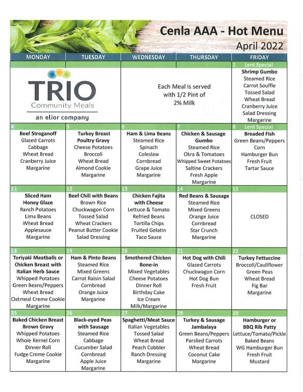 CENLA & North LA Menus | CENLA Area Agency on Aging