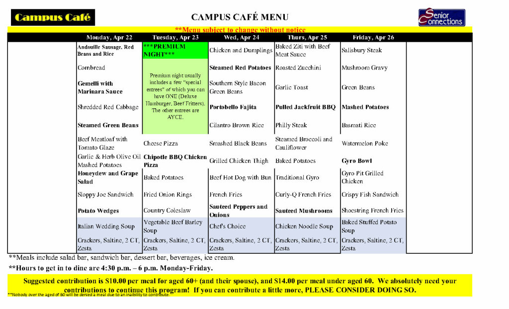 Campus Cafe Menu | Senior Connections - Serving Seniors in Douglas ...